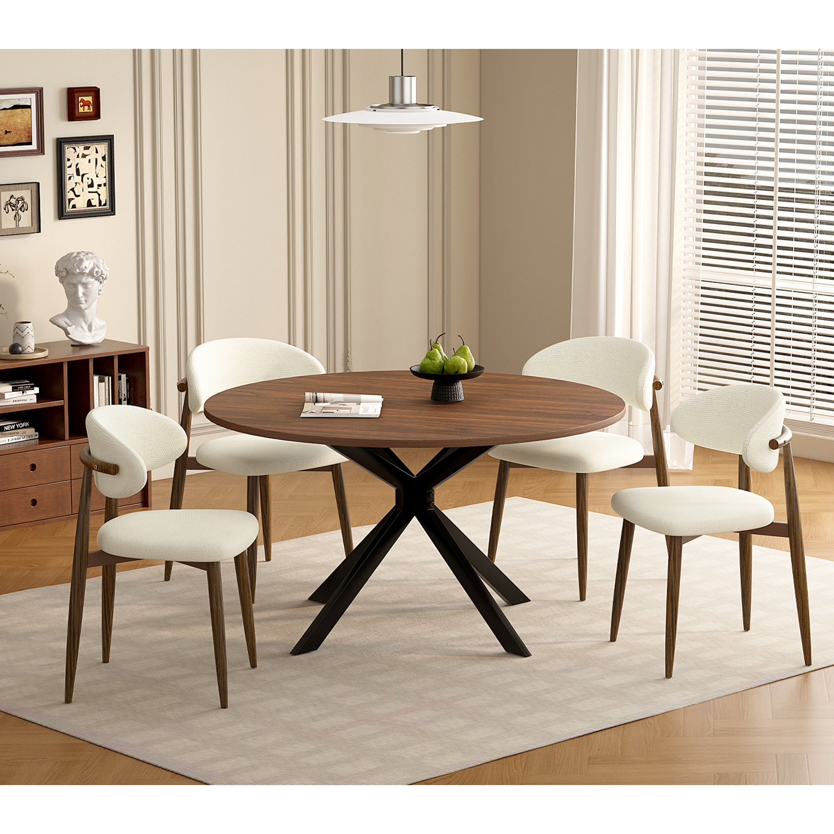 George Oliver Cann 47.2" Wooden Round Dining Table And 4 White Upholstery Dining Chair For ...